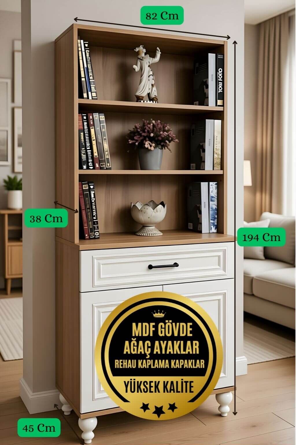 Sicilya Kapaklı Şifonyer ve Kitaplık Set | MDF Gövde | Ağaç Ayaklar ...